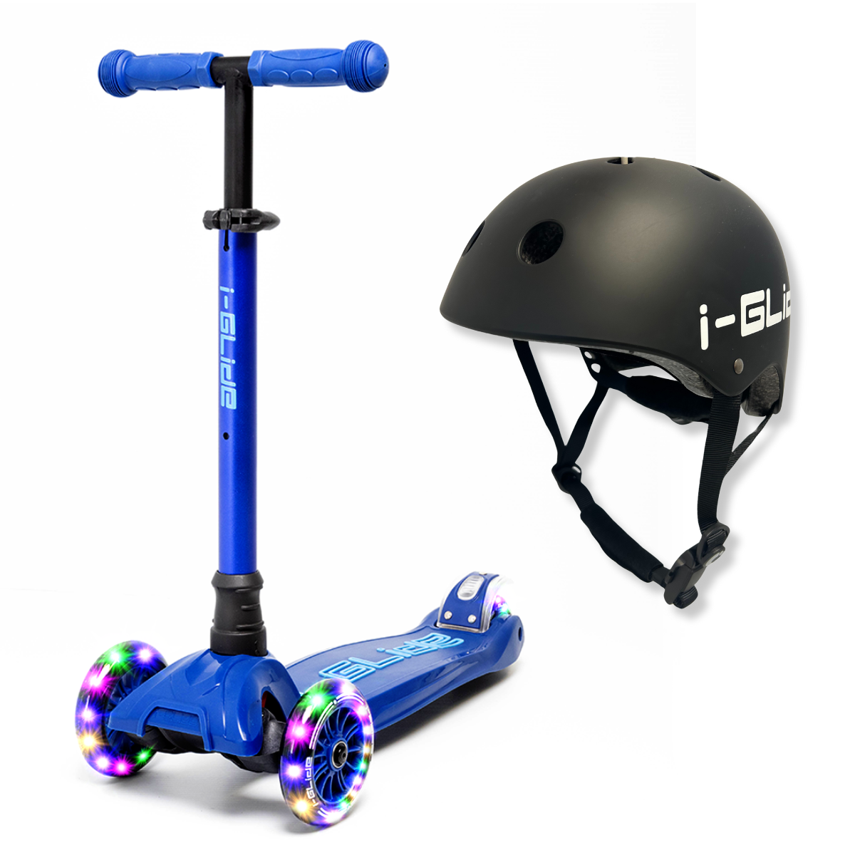 i-Glide 3-Wheel Blue/Blue Scooter with Black Helmet – iGlide Scooters