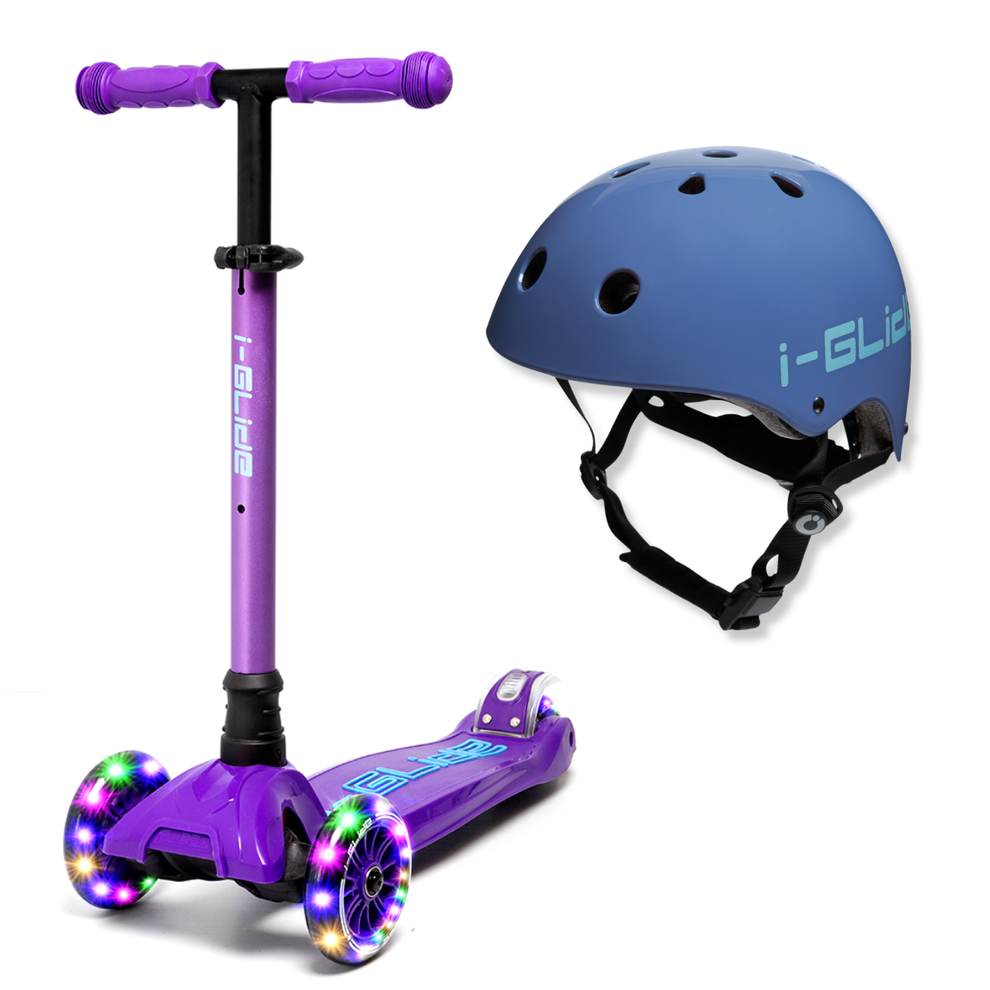 i-Glide 3-Wheel Purple/Blue Scooter with Blue Helmet – iGlide Scooters